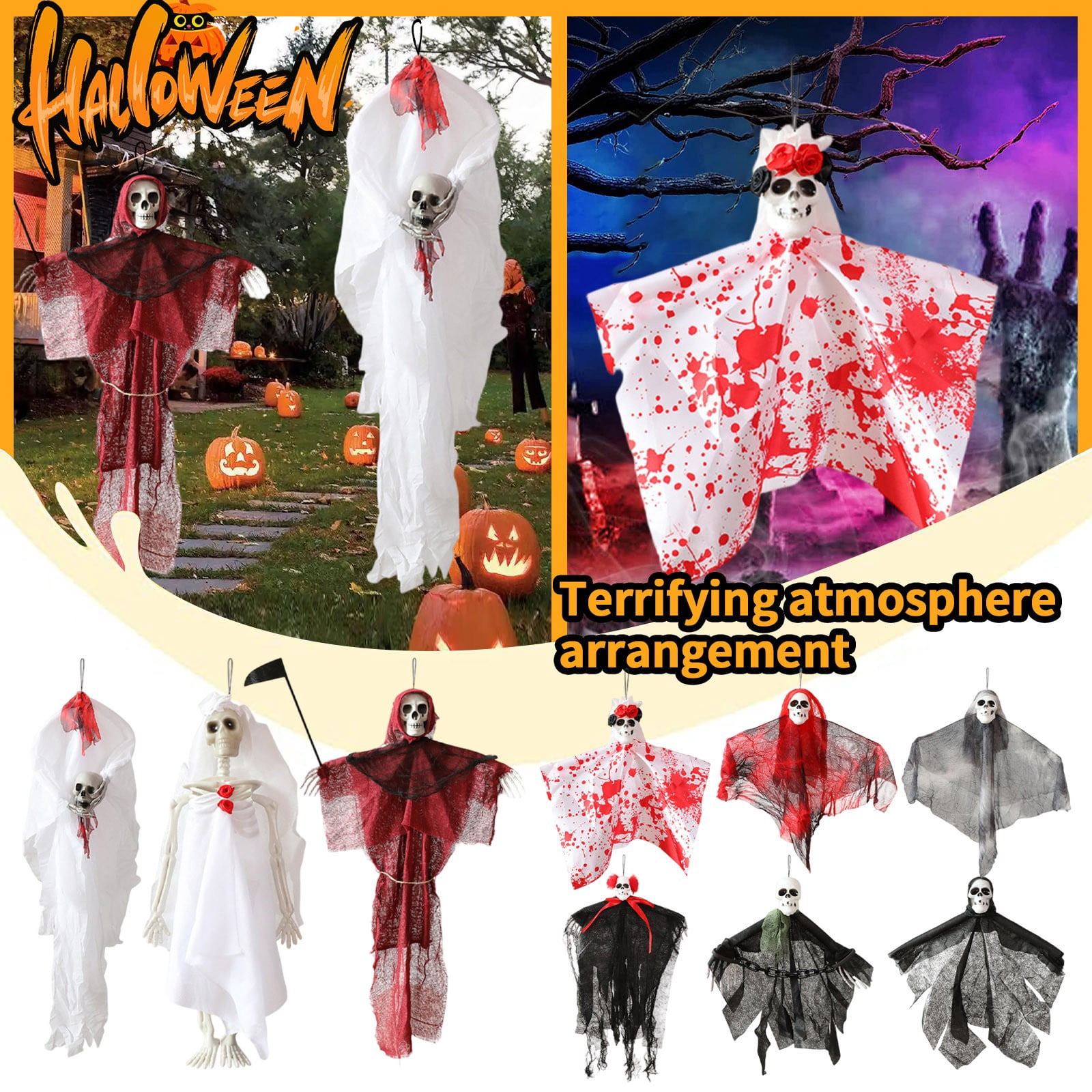 Hanging Halloween Skeleton Ghosts Decorations, Grim Reapers Props Skull ...