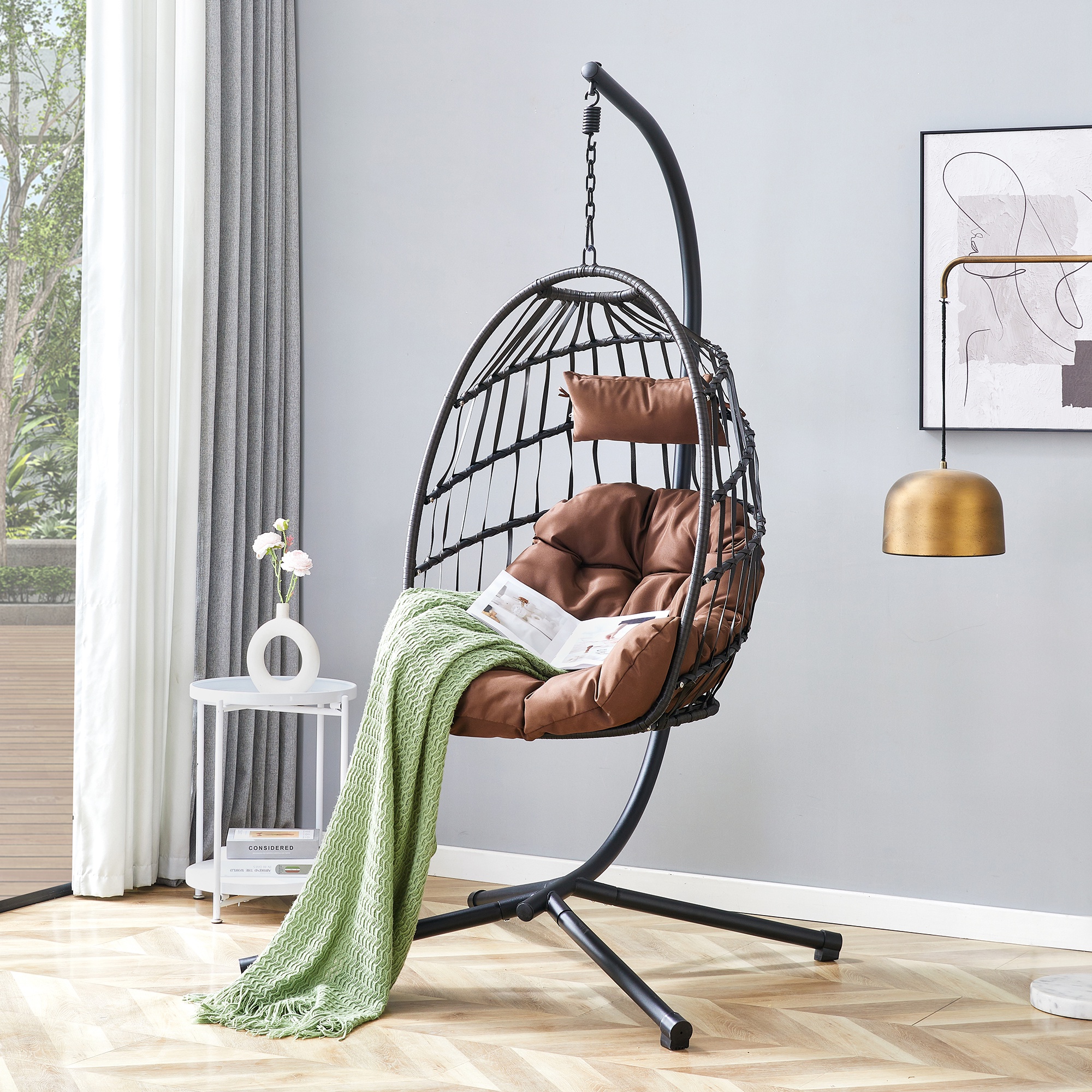 SEGMART Patio Hammock Chair, Wicker Swing Egg Chair with Stand, Cushion ...