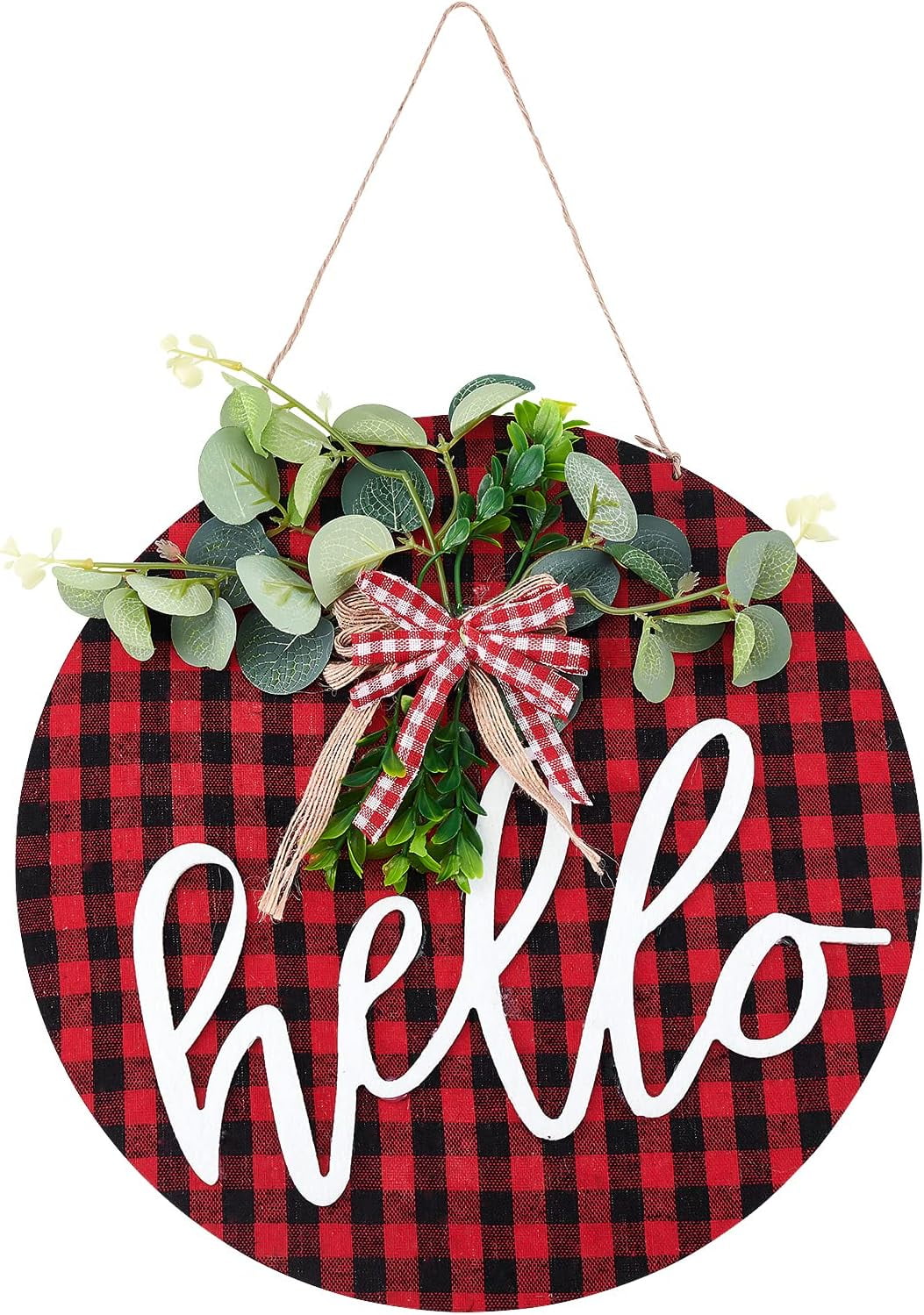 Hanging Hello Sign Front Door Black and Red Plaid Stripes Round Hello ...