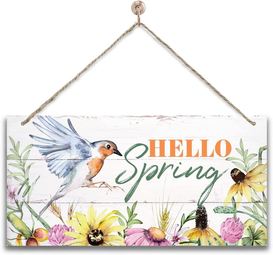 Hanging Hello Spring Wood Decor Sign, Hello Spring Printed Wood Wall ...