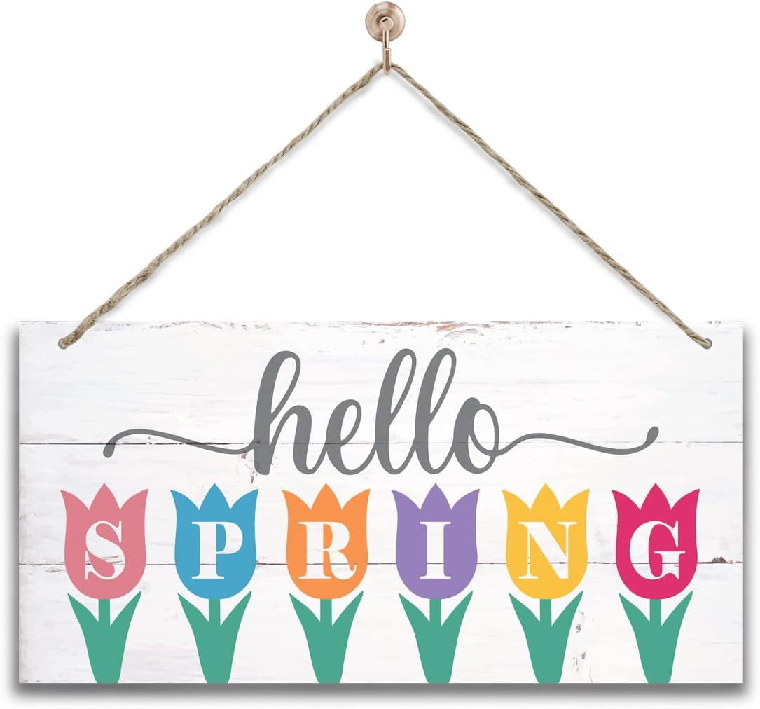 Hanging Hello Spring Wood Decor Sign Hello Spring Printed Wood Wall Art ...