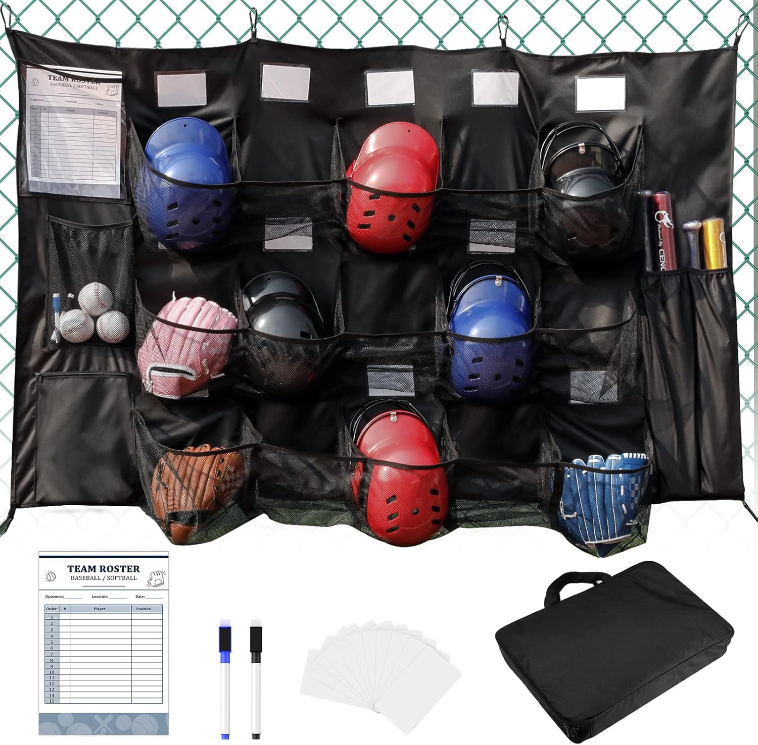 Hanging Helmet Bag for Baseball Softball Team, Helmet Organizer for Dugout Fence Garage, Hold Up ...
