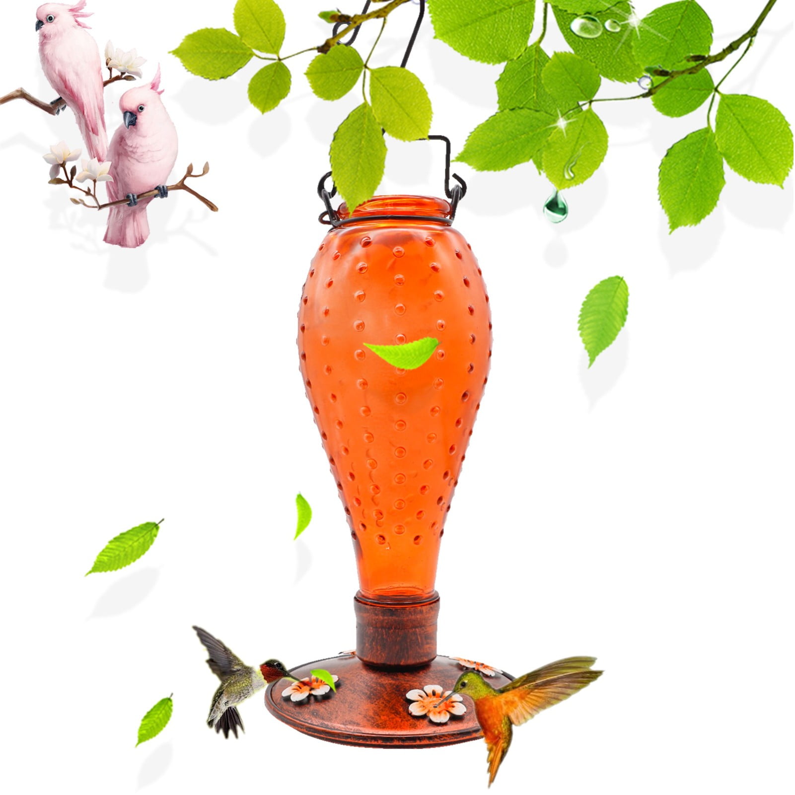 Hanging Hummingbird Feeder Hand Blown Glass Bird Feeder 22 Oz Garden ...