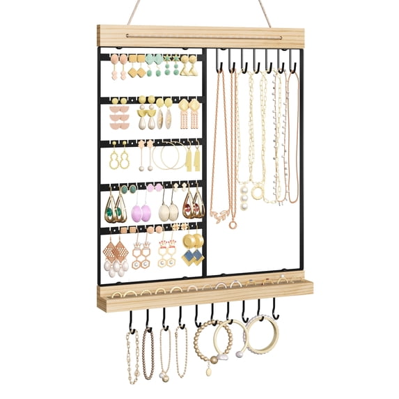 Hanging Jewelry Organizer, 5-Tier Wall Earring Holder with Wooden Ring ...