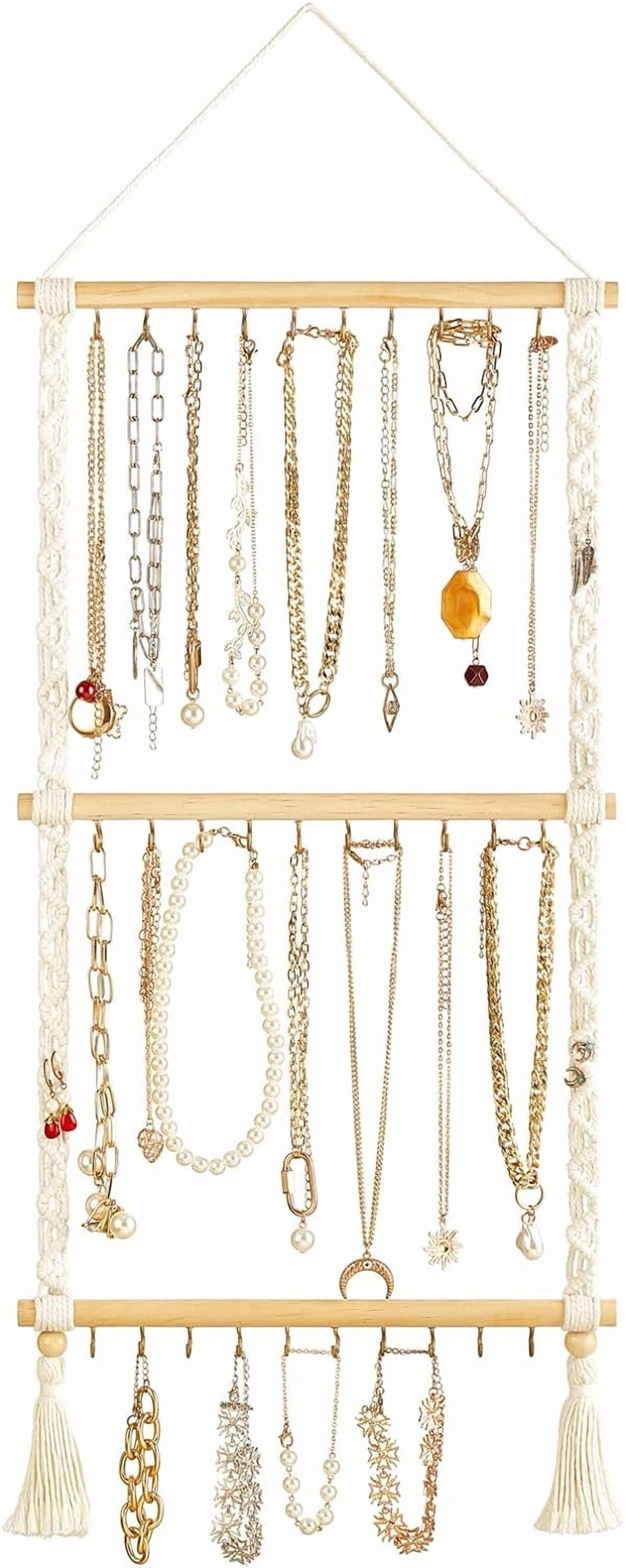 Hanging Jewelry Organizer Macrame Necklace Holder with 30 Hooks Wall ...