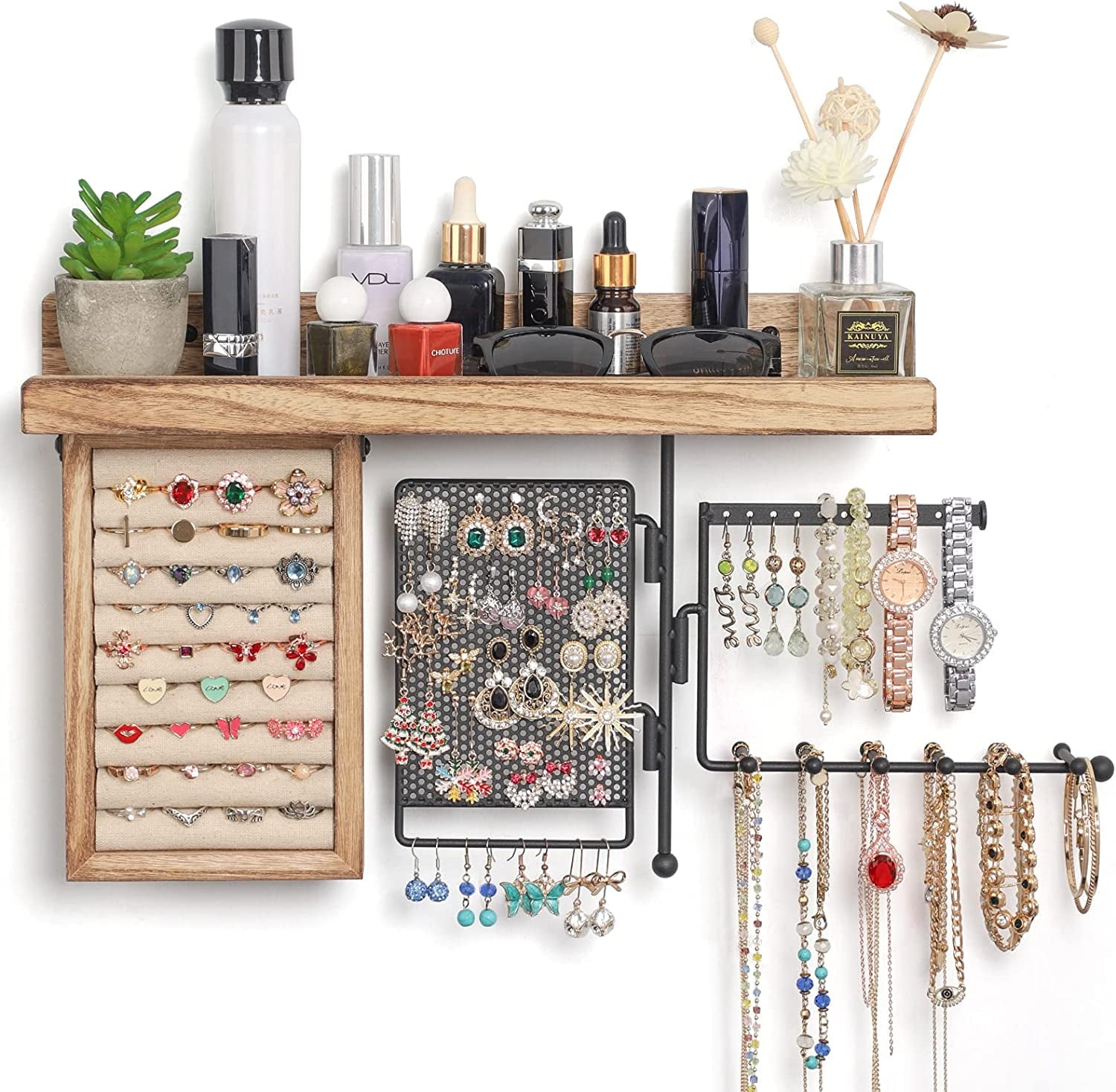 Hanging Jewelry Organizer Wall Mount with Rustic Wood Shelf, Ring ...