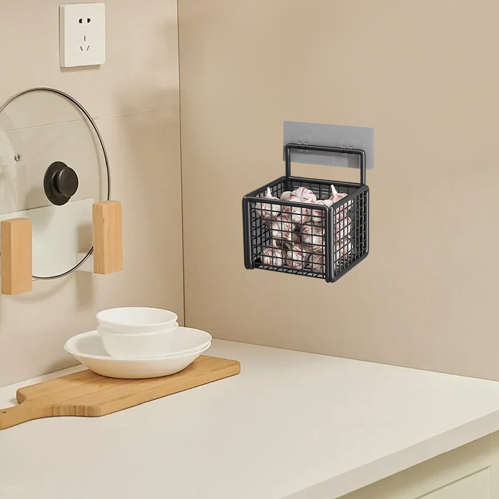 Hanging Kitchen Baskets Adhesive Wire Wall Storage Basket No Drilling ...