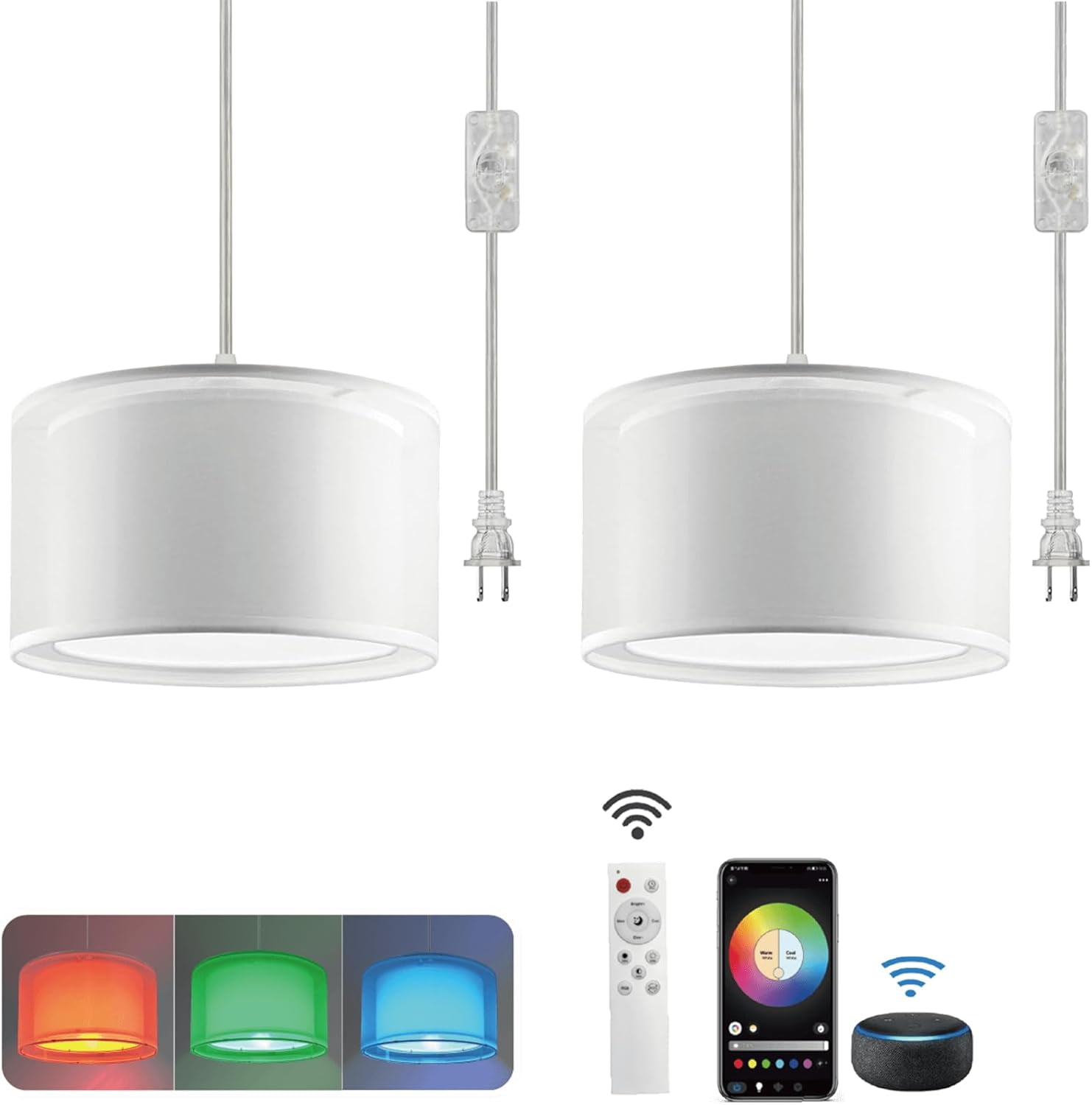 Hanging Lamp Plug in Pendant Light 2 Pack with Remote Control, Hanging Lights with Plug in Cord ...