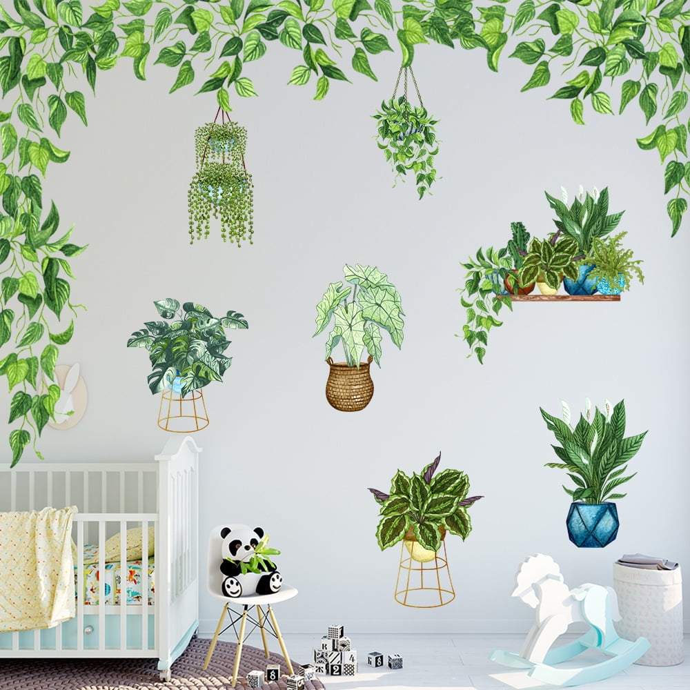 Hanging Leaf Wall Decals Green Plants Wicker Wall Sticker DIY Removable ...