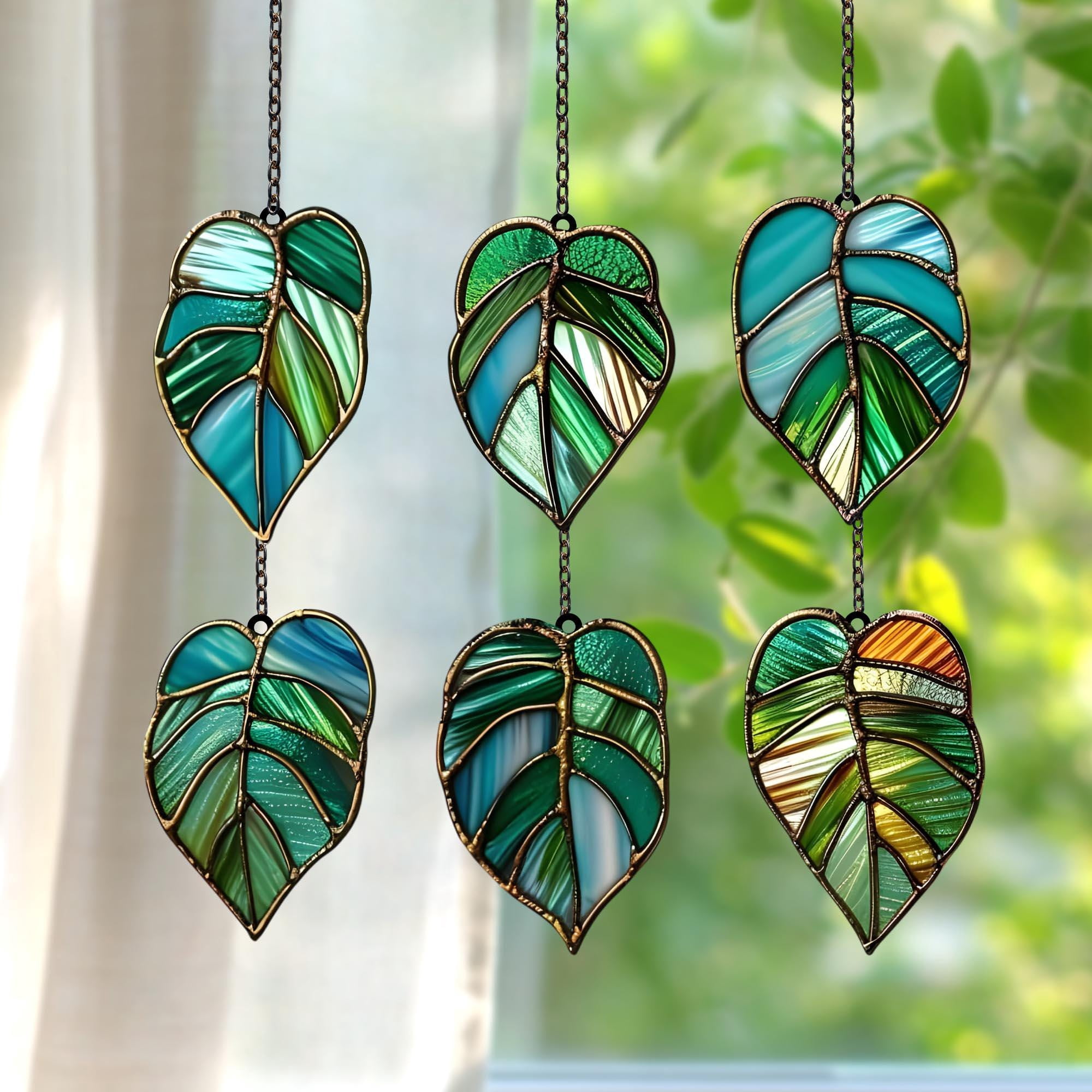 Hanging Monstera Leaves Acrylic Suncatcher, Modern Boho Faux Stained ...