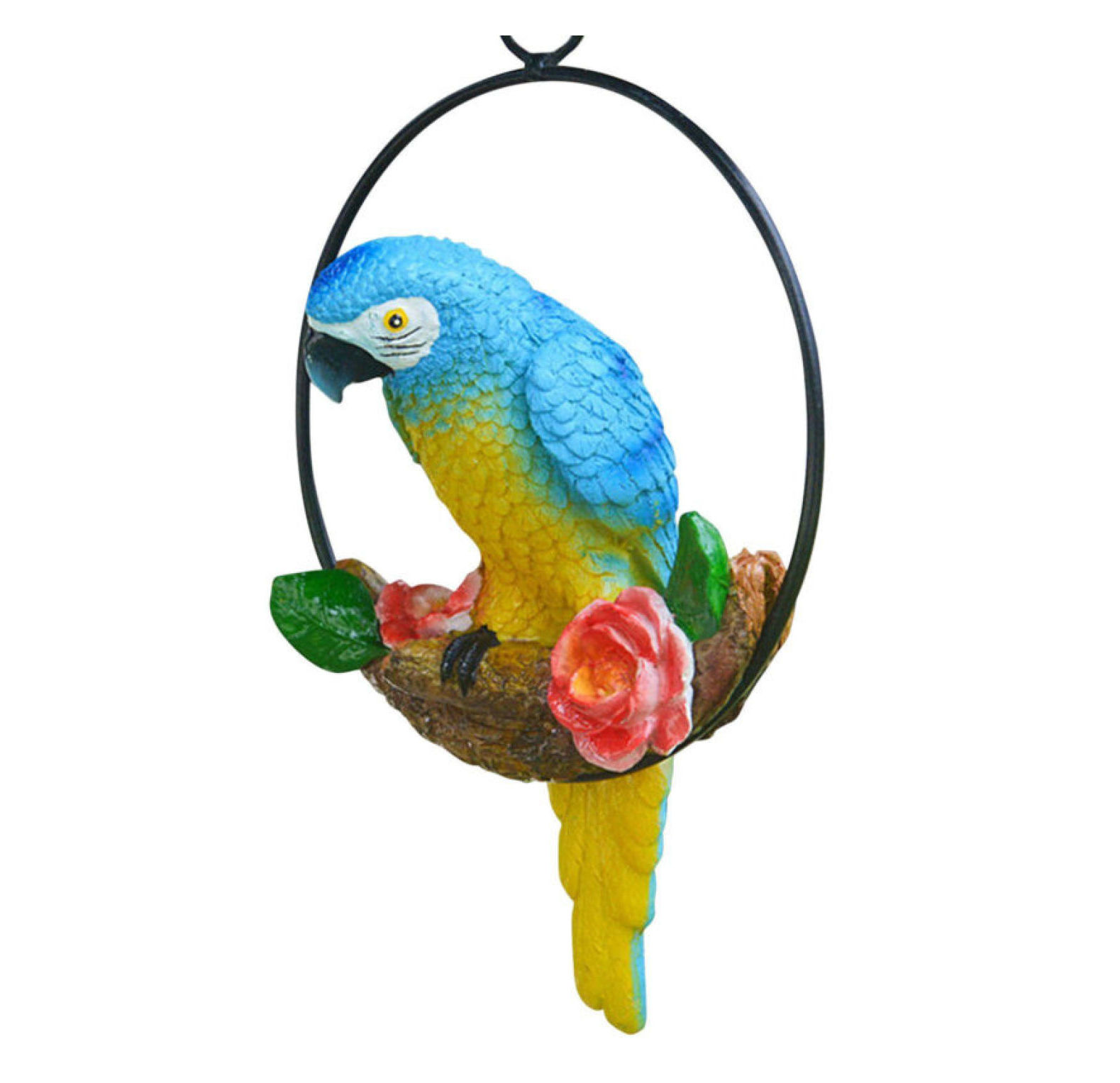 Hanging Parrots Sculptures with Iron Ring Resin Parrot Garden Figurine ...