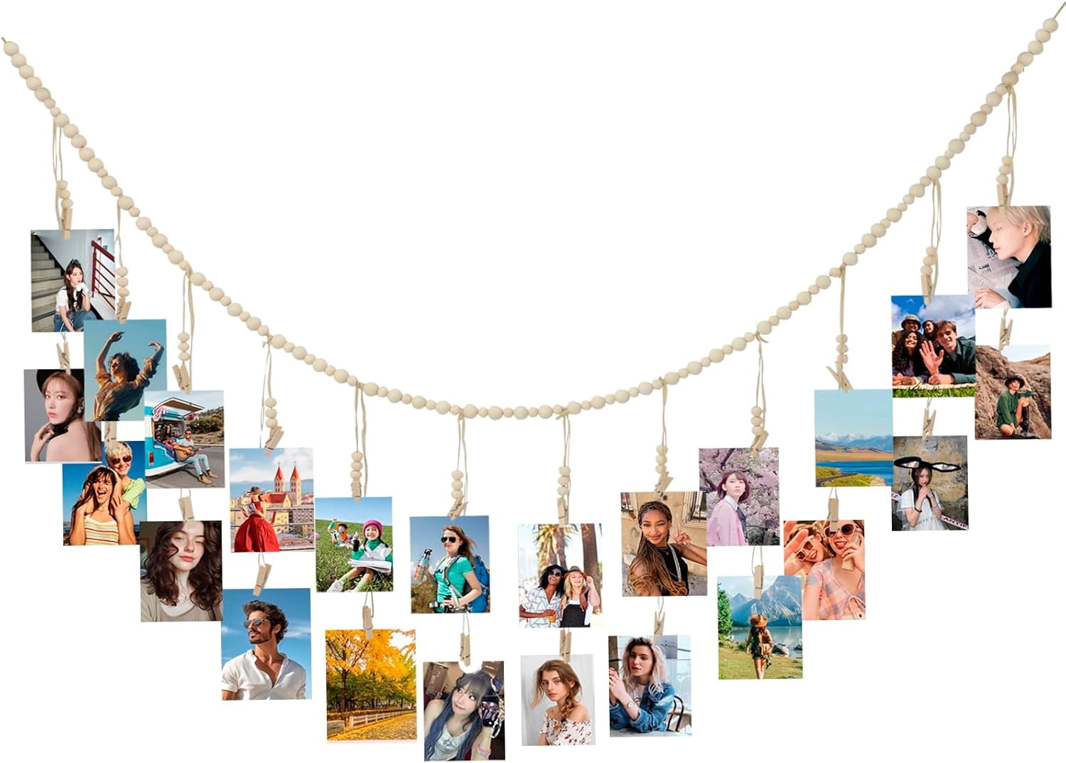 Hanging Photo Display with 24 Clips, 5.6ft Wooden Beaded Garland ...