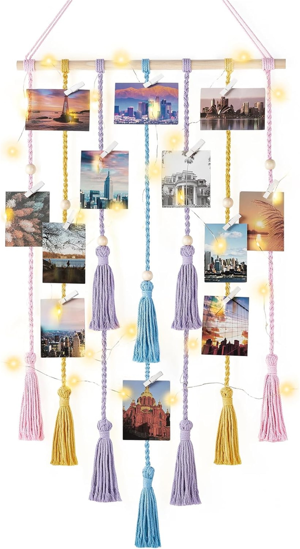 Hanging Photo Display with Clip, Yayun Macrame Wall Hanging Photo Decor with LED Light String ...