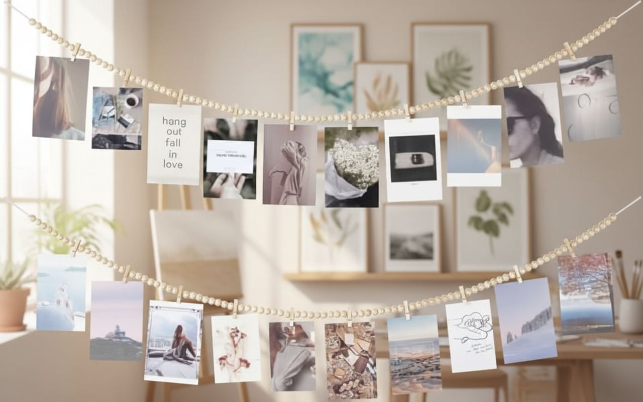 Hanging Photo Display with Clips, Boho Wooden Bead Garland Banner ...