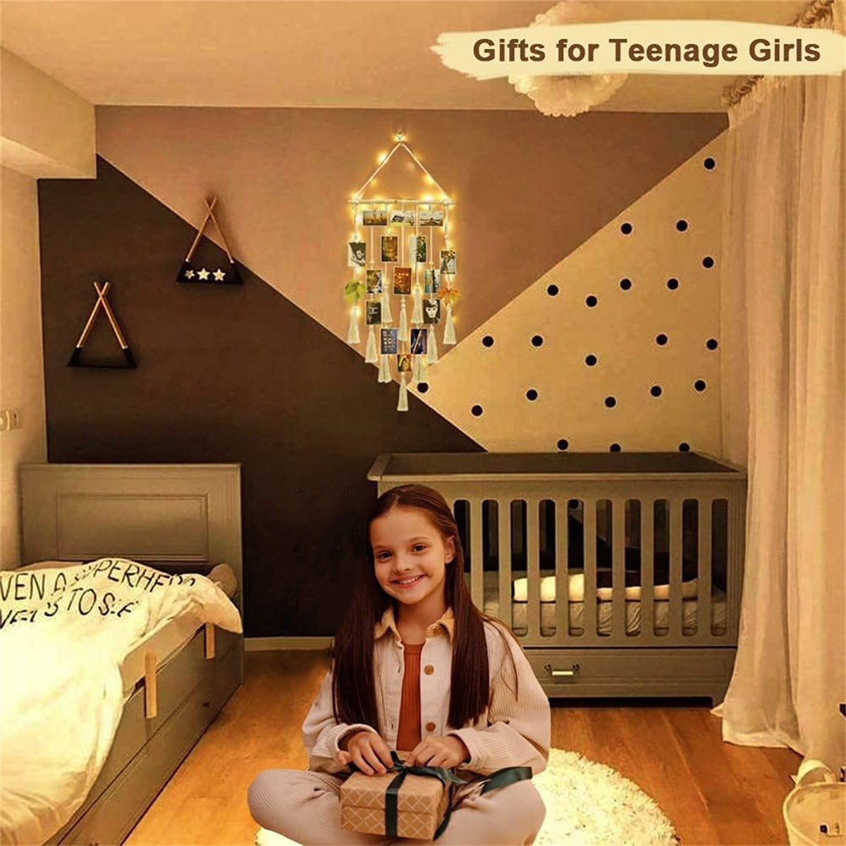 Hanging Photo Display, Yayun Macrame Wall Decor with Light, Pictures Cards Frame Holder Art ...