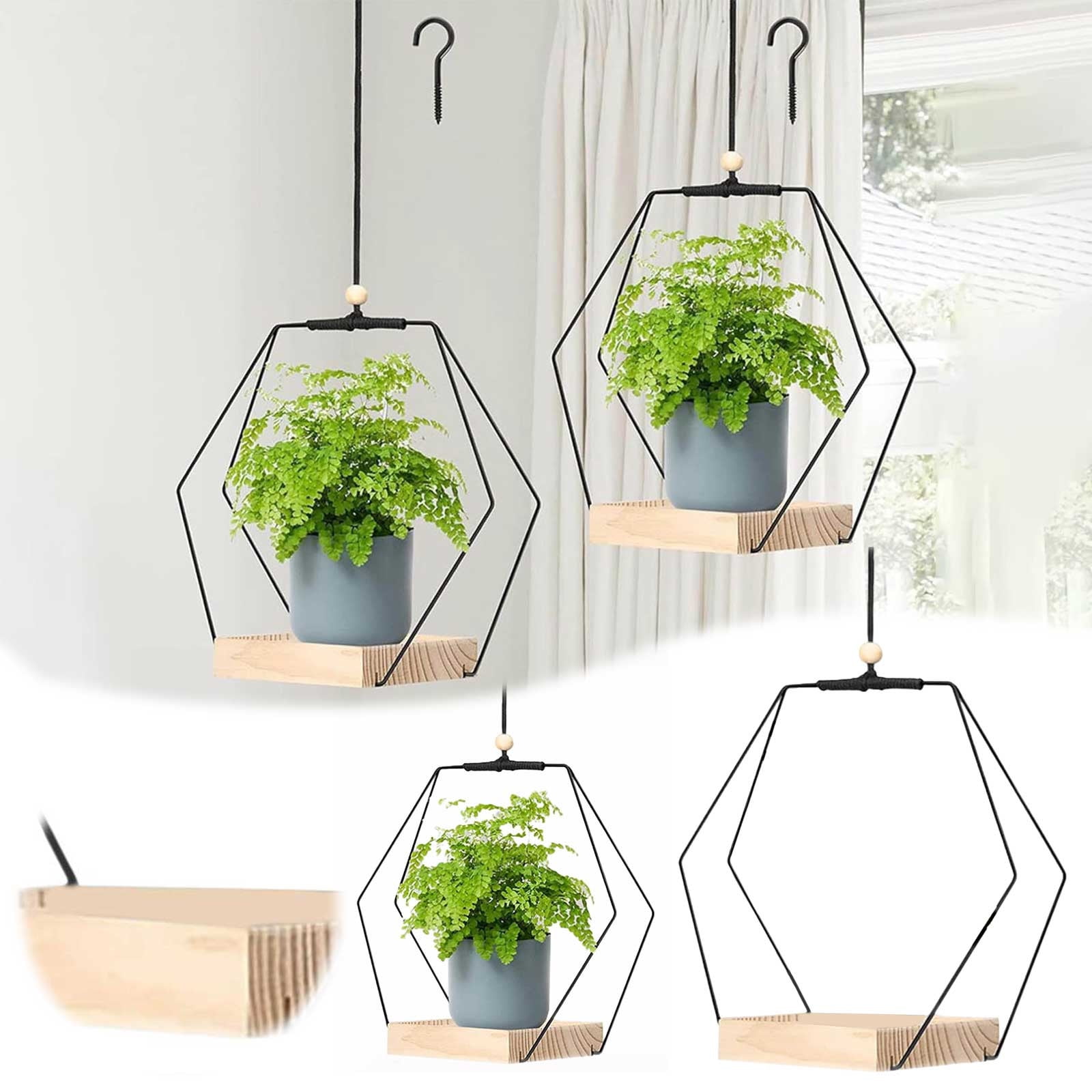 Hanging Shelf - Boho Style Indoor Outdoor Planter Holder with Wooden ...