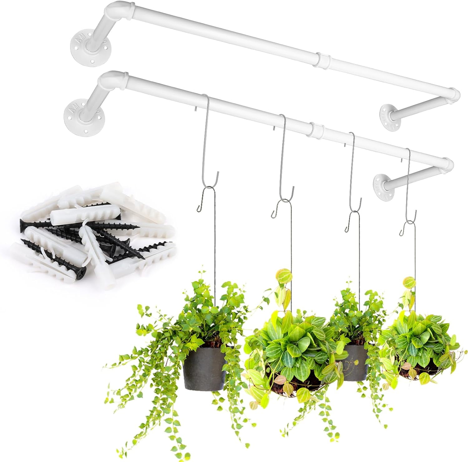 Hanging Planter Bar with 4 Pcs Hooks White Wall Mount Planter Hanger ...