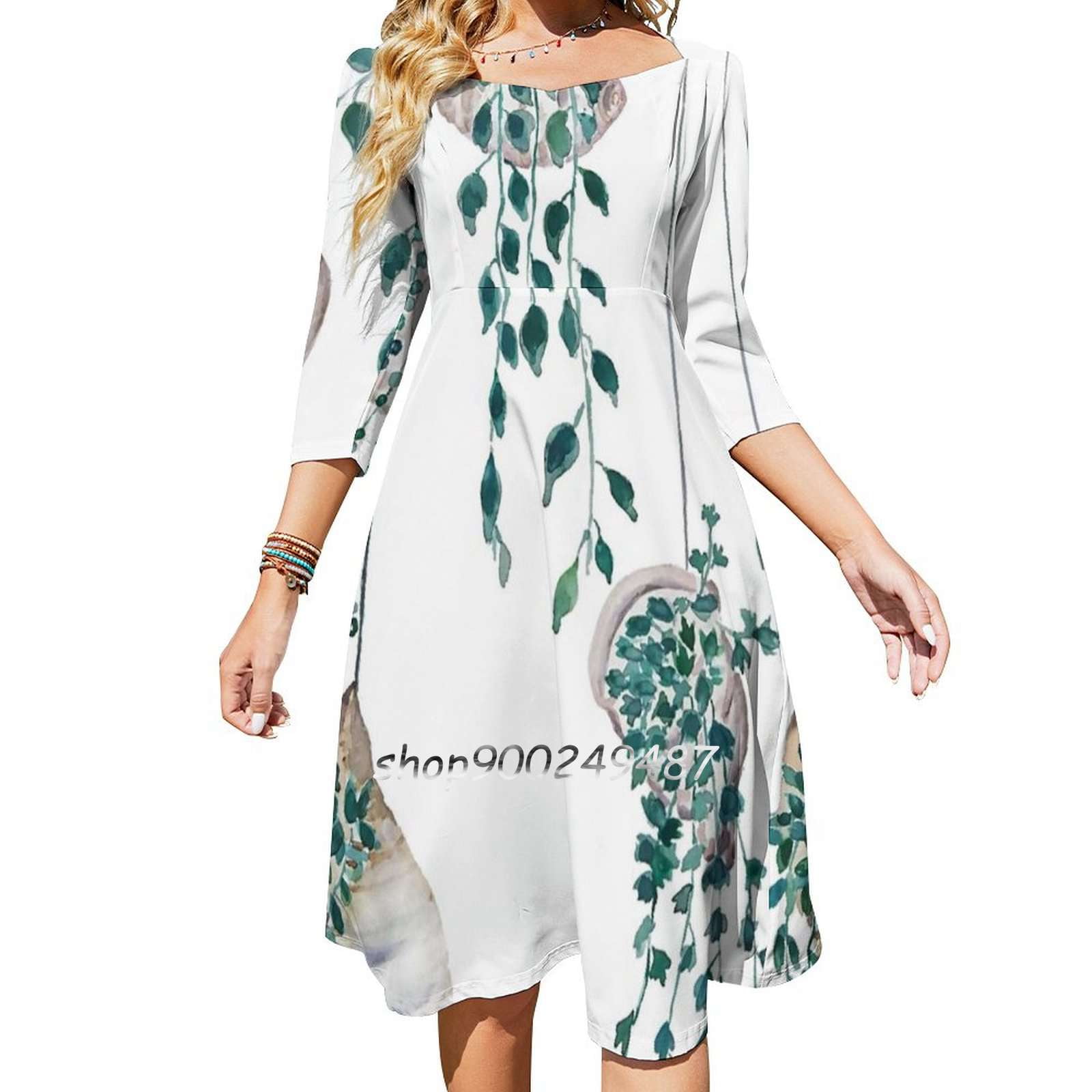 Hanging Plants In Seashells Watercolor Square Neck Dress New Plus Size ...