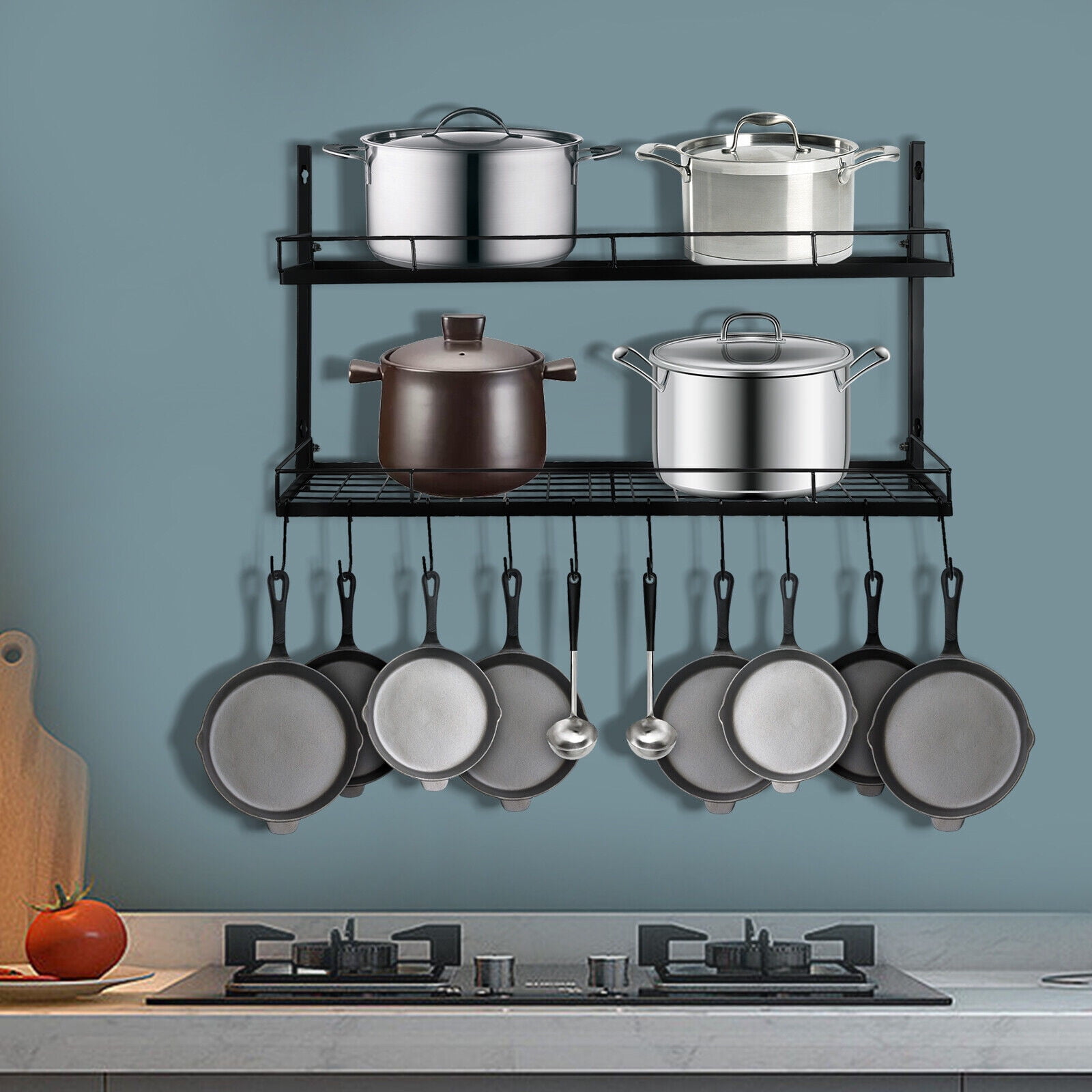 Hanging Pot Rack 2 Tier Pan Rack Wall Mounted Pot Holders for Kitchen ...