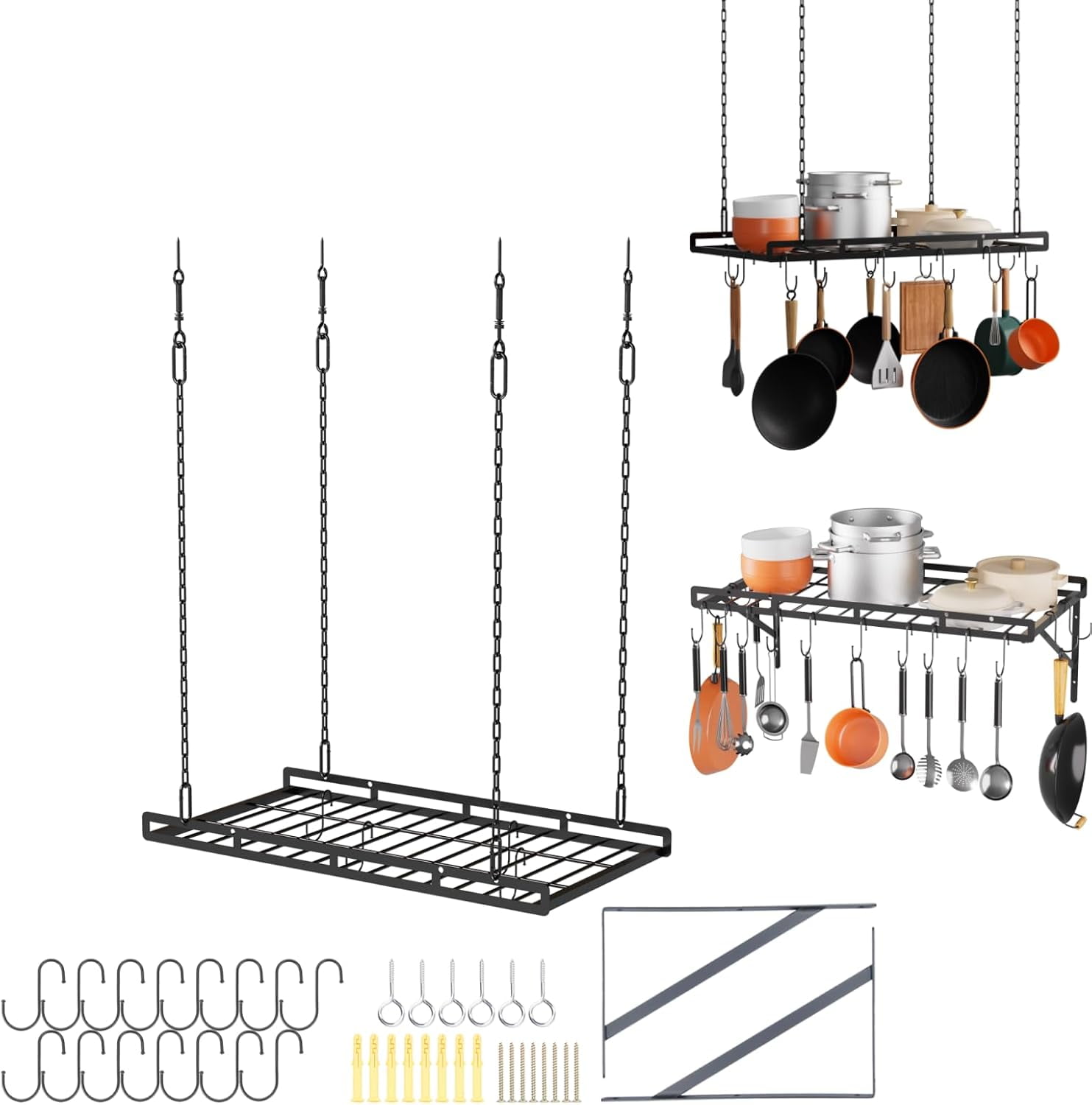 Hanging Pot Rack 31.5 x 16 Inches Ceiling Pan Rack with 15 Hooks ...