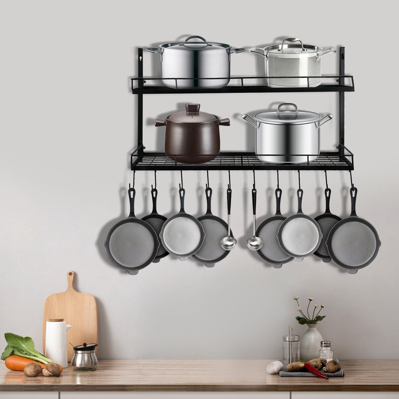 Hanging Pot Rack Wall Mounted 2 Tiers Pot and Pan Hanging Rack with 10 ...