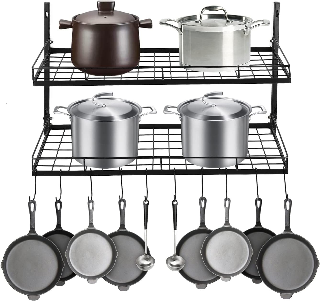 Hanging Pot Rack Wall Mounted 2 Tiers Pot and Pan Hanging Rack with 10 ...