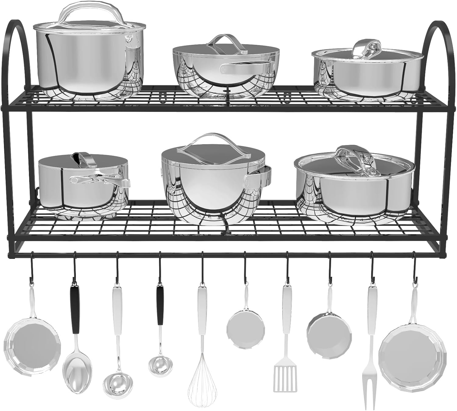Hanging Pot Rack Wall Mounted, Black 2 Tier Wall Shelves with 10 Hooks ...