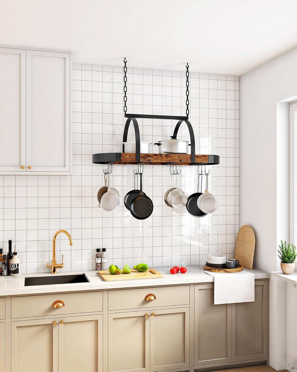 Hanging Pot Rack with 12 S Hooks, Kitchen Cookware Organizer, Ceiling ...