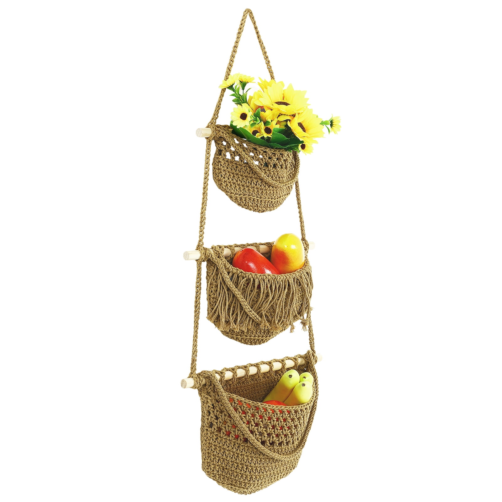 Hanging Produce Basket - 3-Tier Woven Wall Storage for Fruits ...