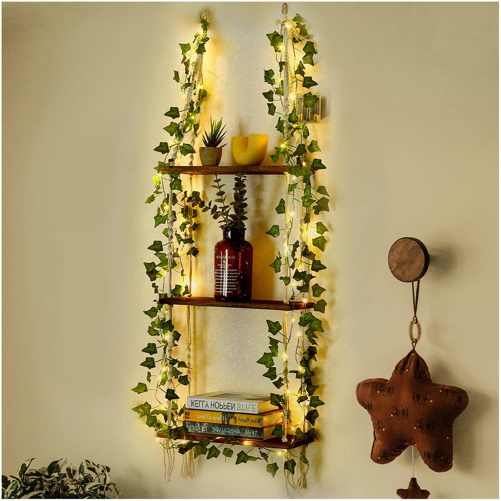 Hanging Shelf with Vine Lights, Macrame Plant Wall Shelf, Wall Storage ...