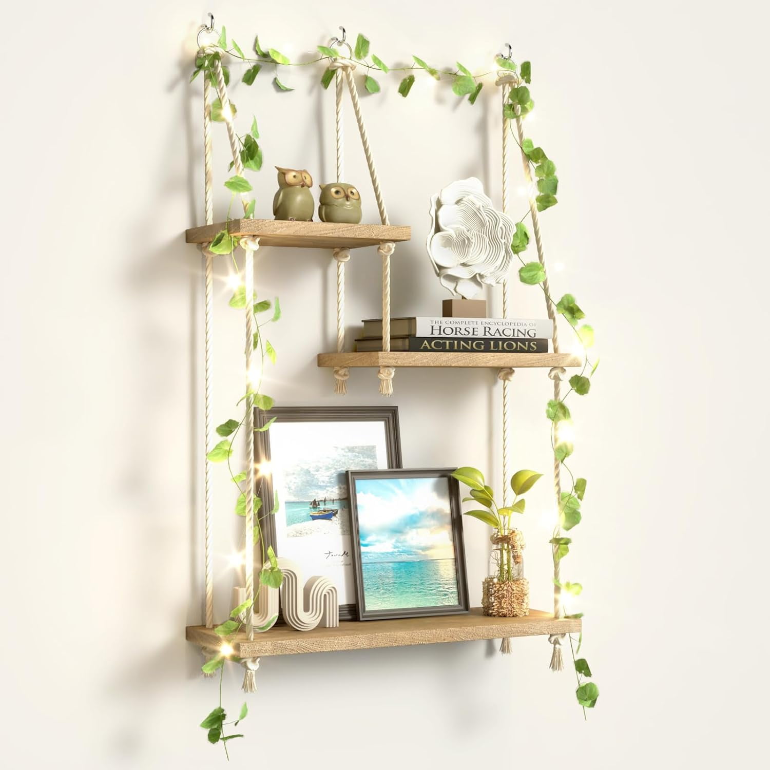 Hanging Shelves for Wall with Vine Lights 5 Tier Boho Wall Shelf ...