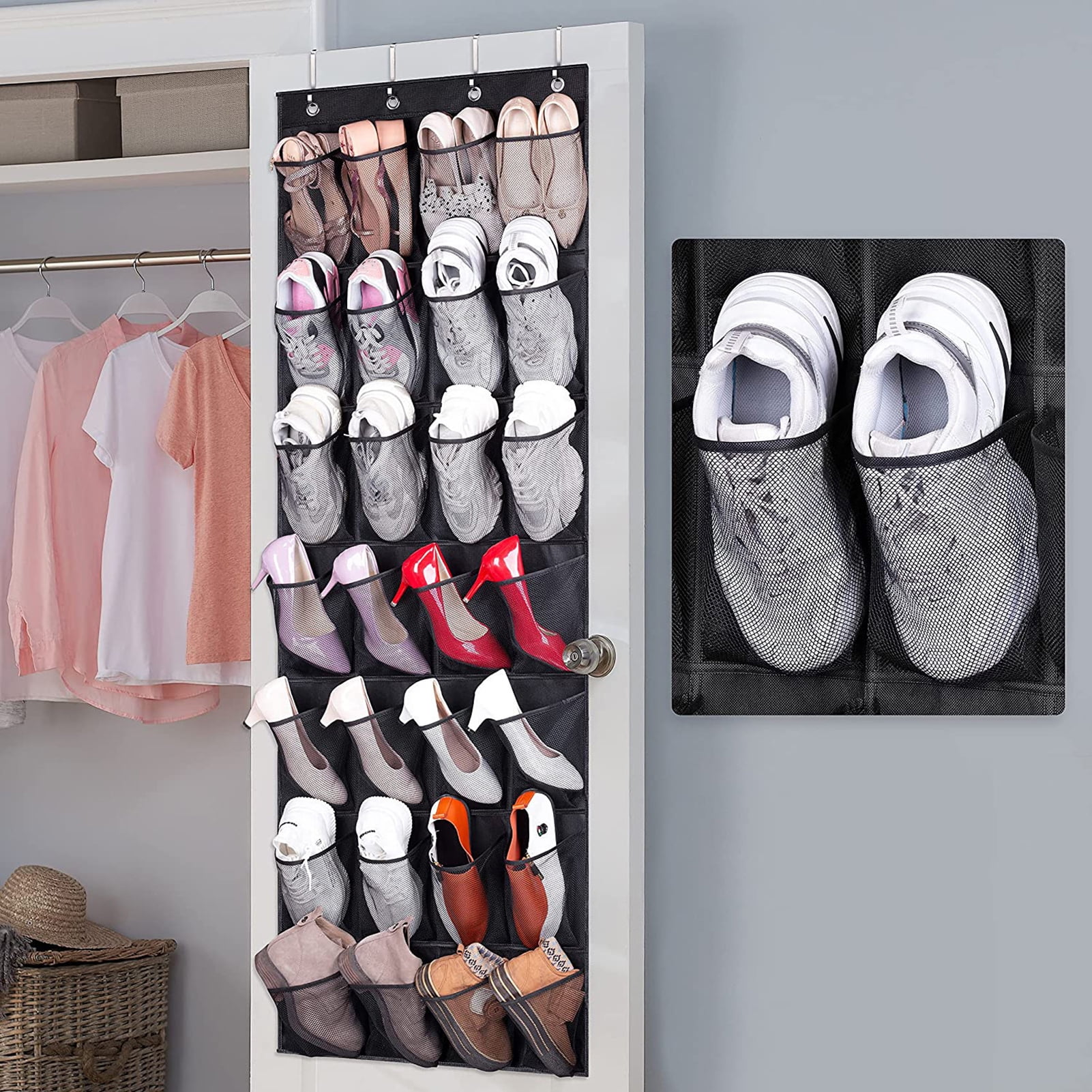 Hanging Shoe Organizer, 28 Mesh Pockets Over Door Shoes Rack for Closet ...