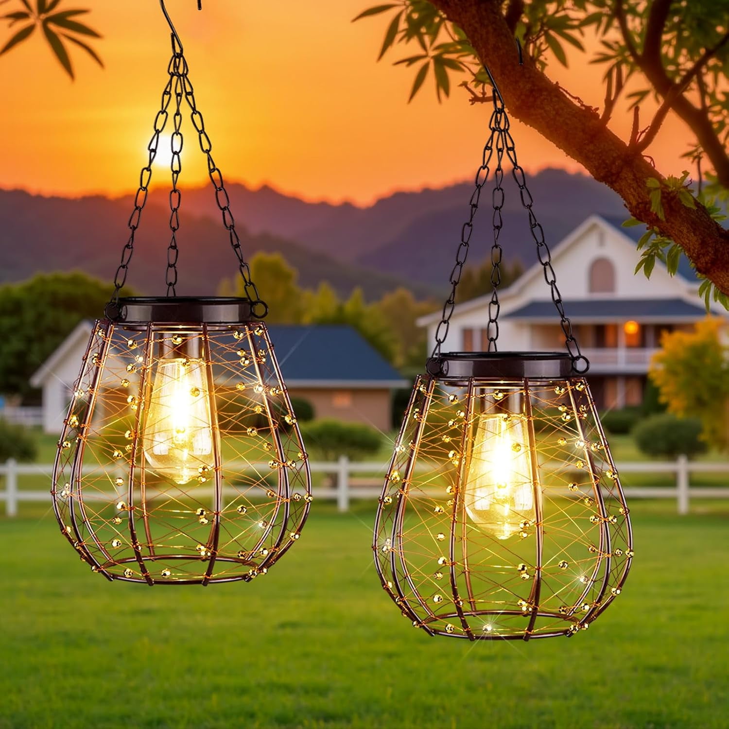 Hanging Solar Lantern Lights, Solar Chandelier Outdoor Waterproof ...