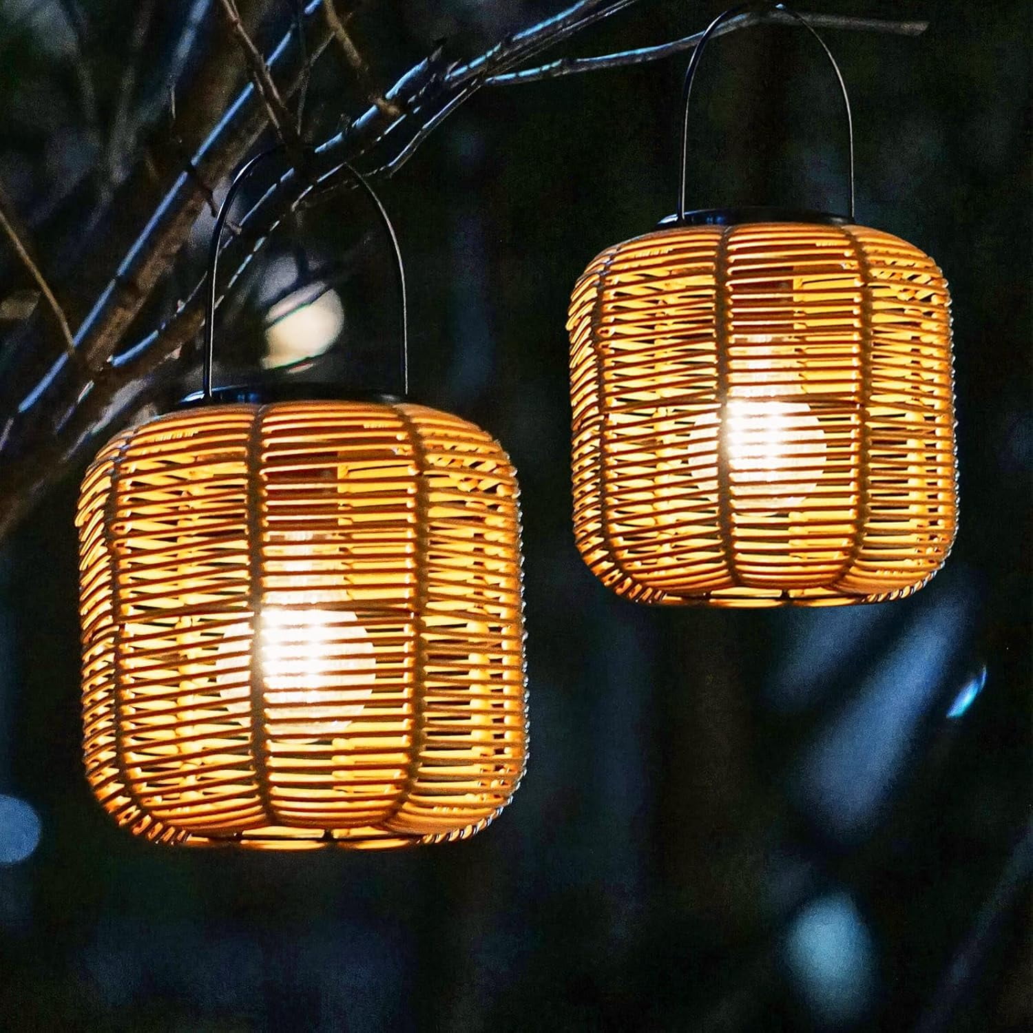Hanging Solar Lanterns Outdoor Waterproof, 2 Pack Rattan Outdoor ...