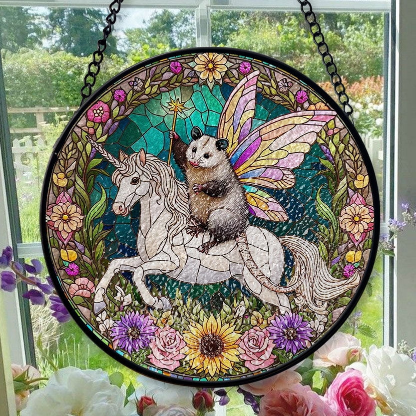 Hanging Stained Glass for Windows Fairy Godpossum Riding - Stained ...