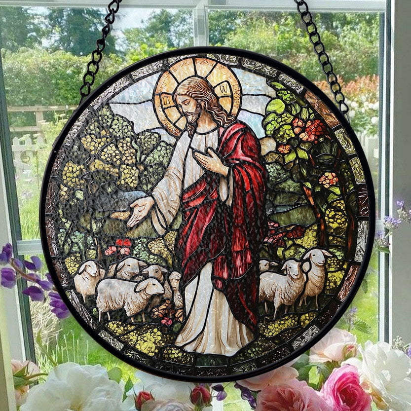 Hanging Stained Glass for Windows Jesus Hugging Sheep - Stained Glass ...