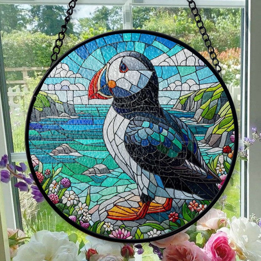 Hanging Stained Glass for Windows Puffin On Cliff - Stained Glass for ...