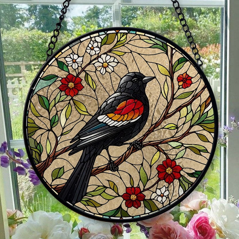 Hanging Stained Glass for Windows Winged Blackbird On - Stained Glass ...