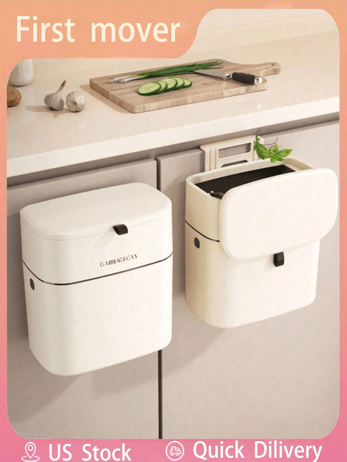 Hanging Trash Bin with Lid – Small Garbage Can for Kitchen Cabinet Door ...