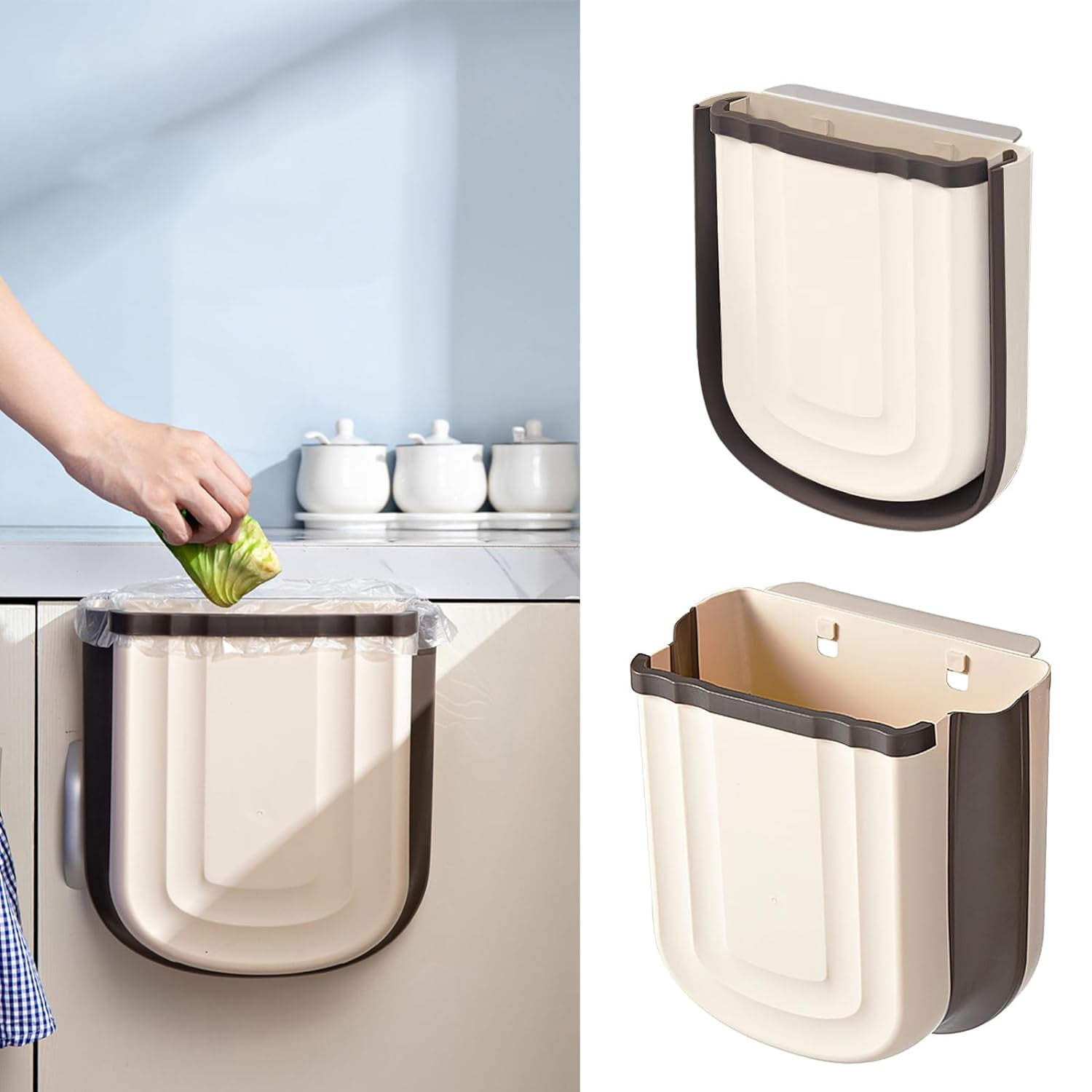 Hanging Trash Can, 9L Collapsible Plastic Waste Bin for Cabinet Door ...