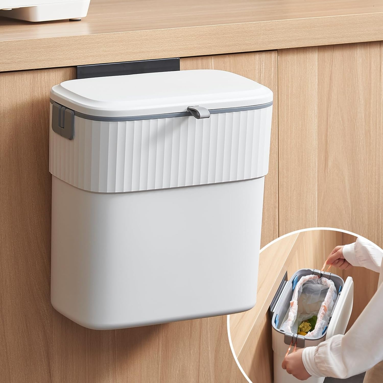 Hanging Trash Can with Lid, 2.3 Gallon Kitchen Garbage Bin Food Waste ...