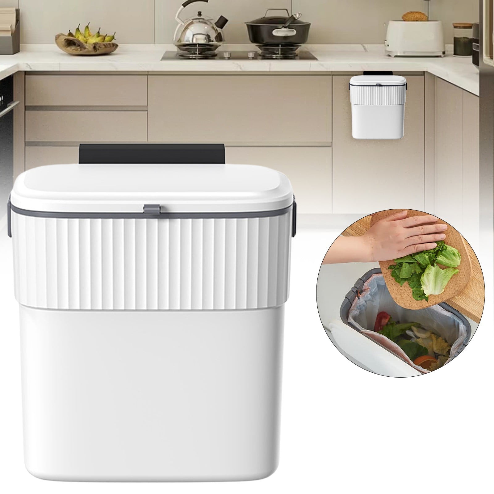 Hanging Trash Can with Lid, Kitchen Garbage Bin Food Waste Container ...