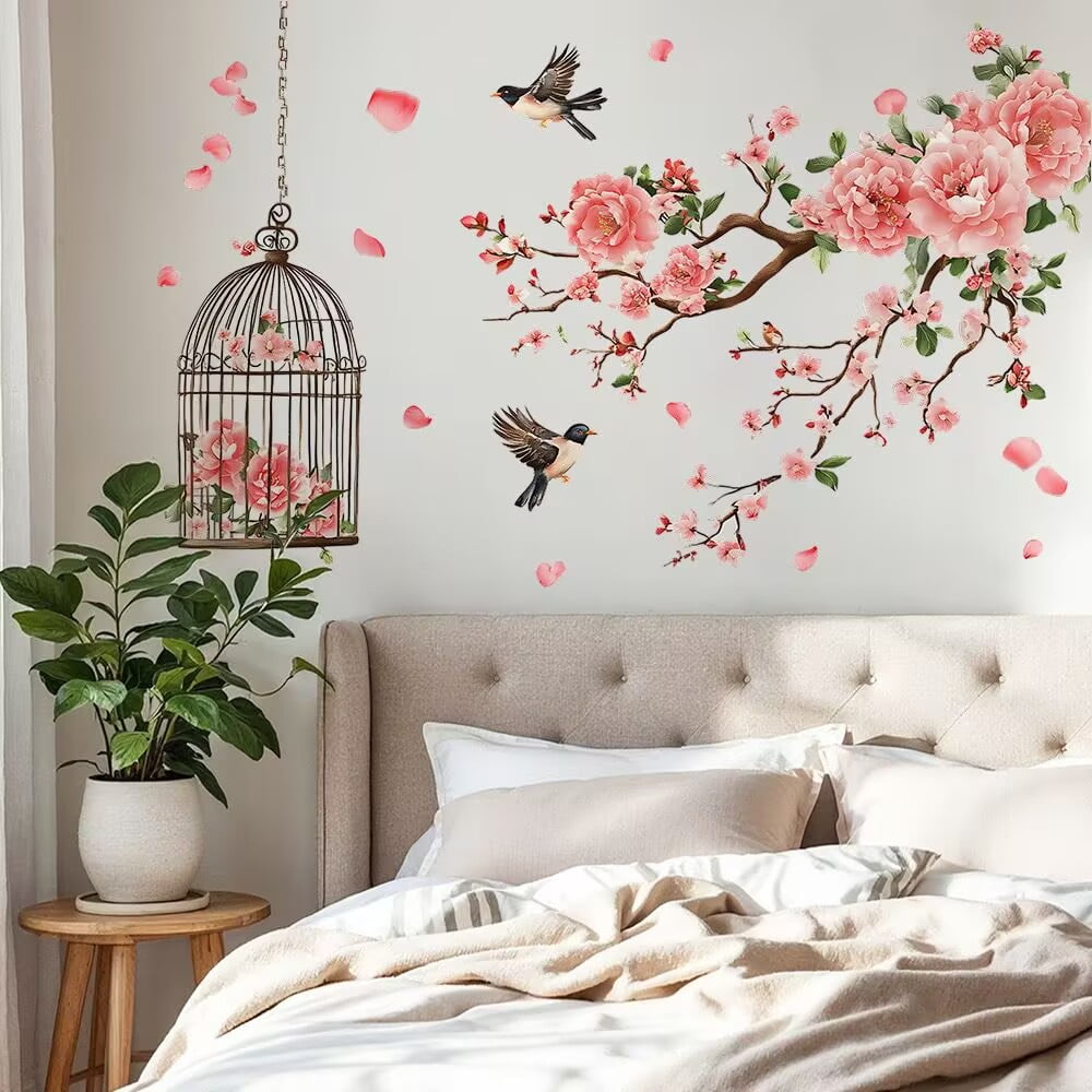 Hanging Vines with Flowers Wall Decals Green Plant Leaves Bird Wall ...