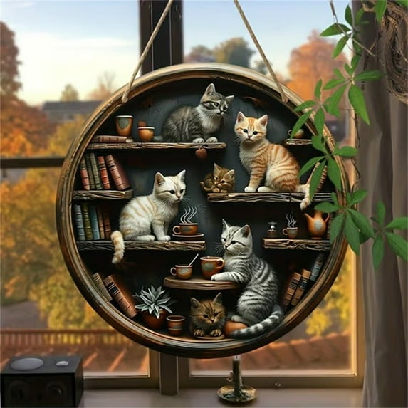 Hanging Wall Decor,Cat Cafe Ornaments Cat On The Shelf Wooden Round Cat ...