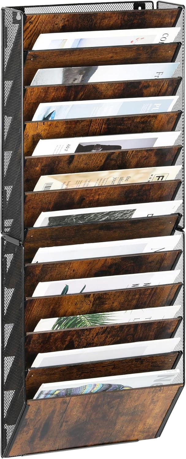 Hanging Wall File Holder Organizer 12 Pockets, Wood Document Folders ...