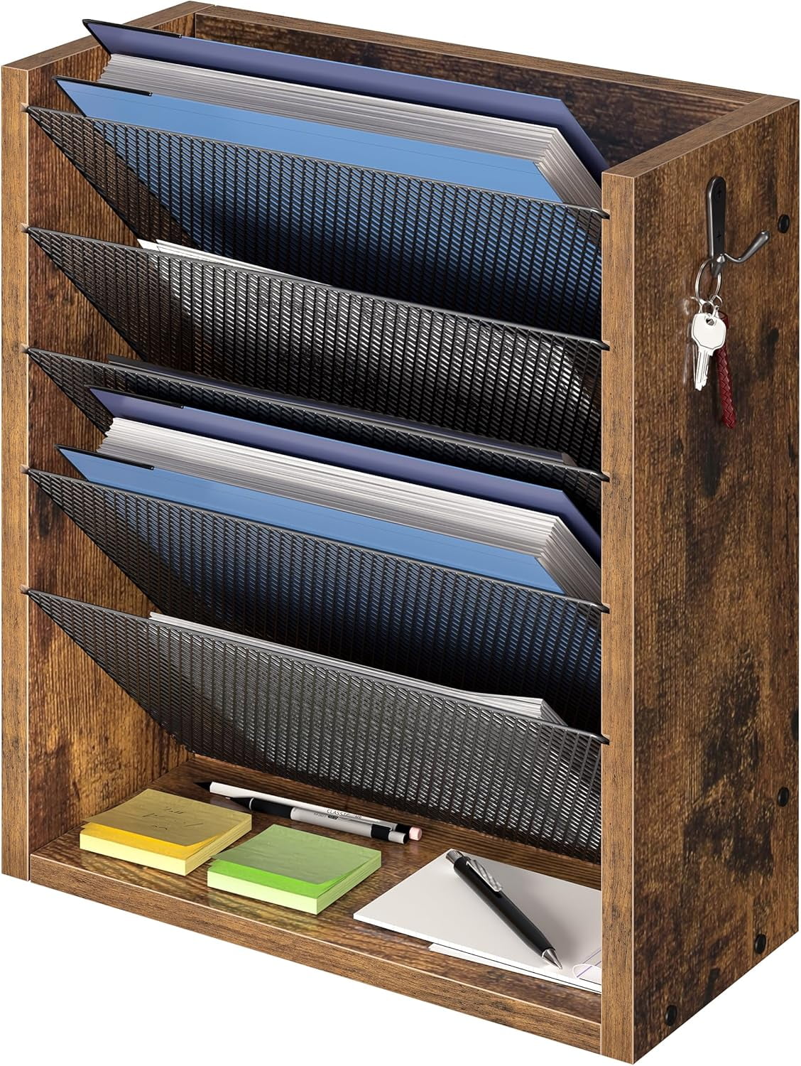 Hanging Wall File Organizer, 6 Tier Wood Wall File Holder with 2 Hooks ...
