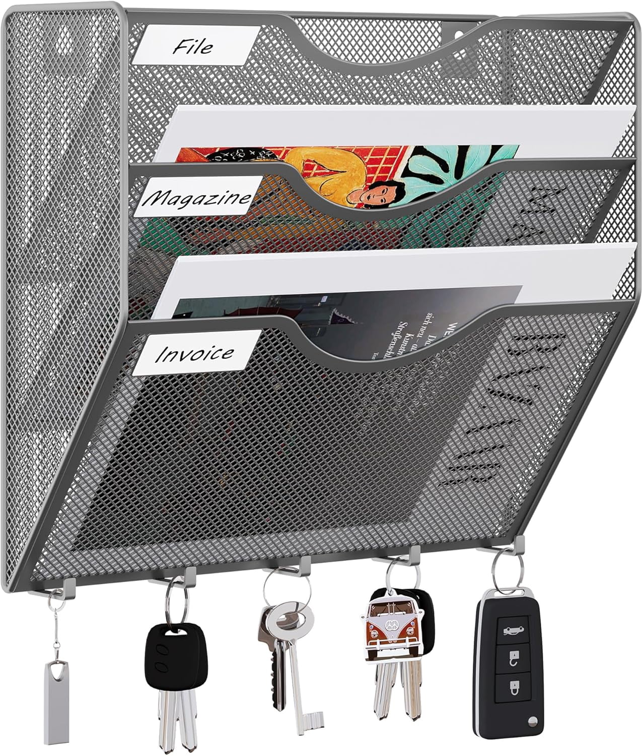 Hanging Wall File Organizer with Key Hooks, 3 Pocket Wall Mounted Mail ...