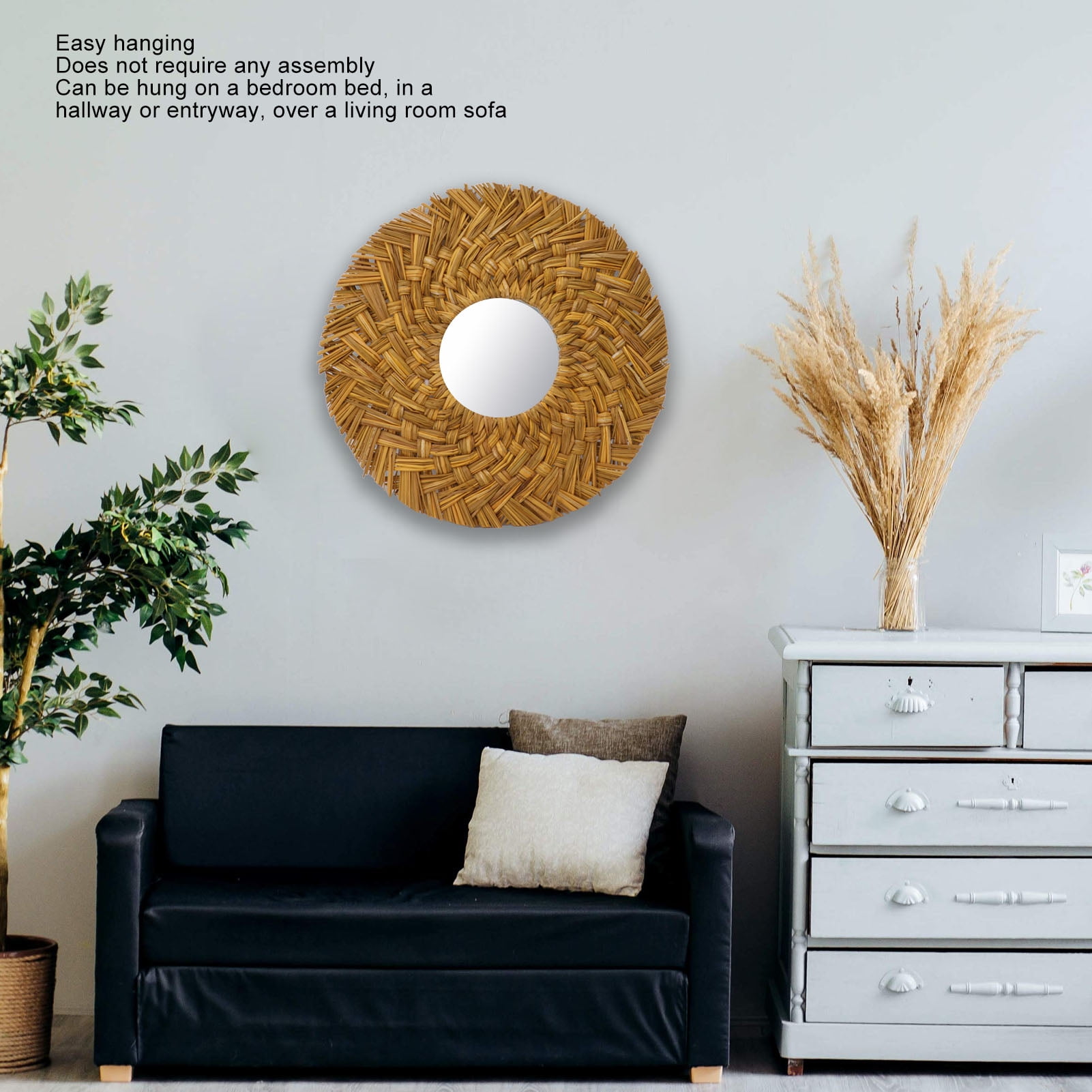 Hanging Wall Mirror, Retro Beautiful Straw Weaving Wall Mirror ...