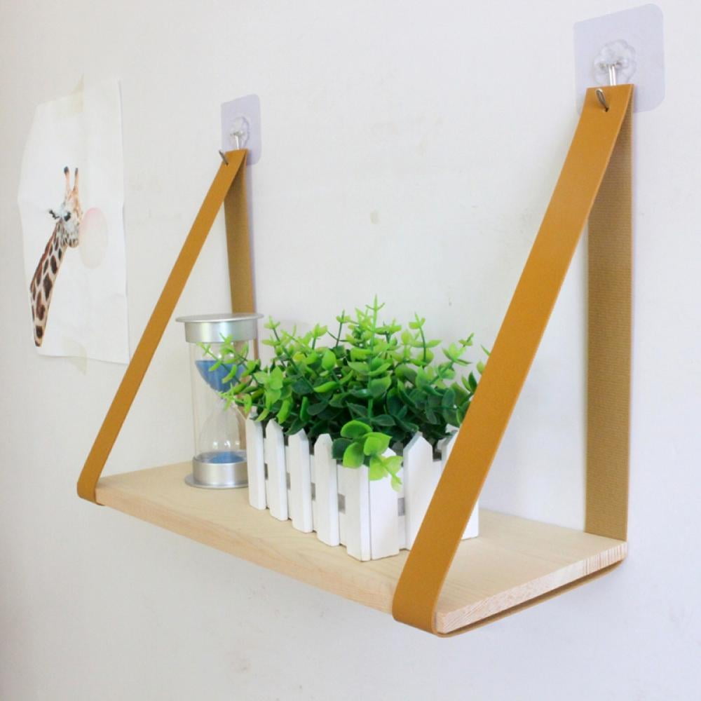 Hanging Wall Shelves,PU Belt Floating Shelf,Solid Wood Hanging Storage ...