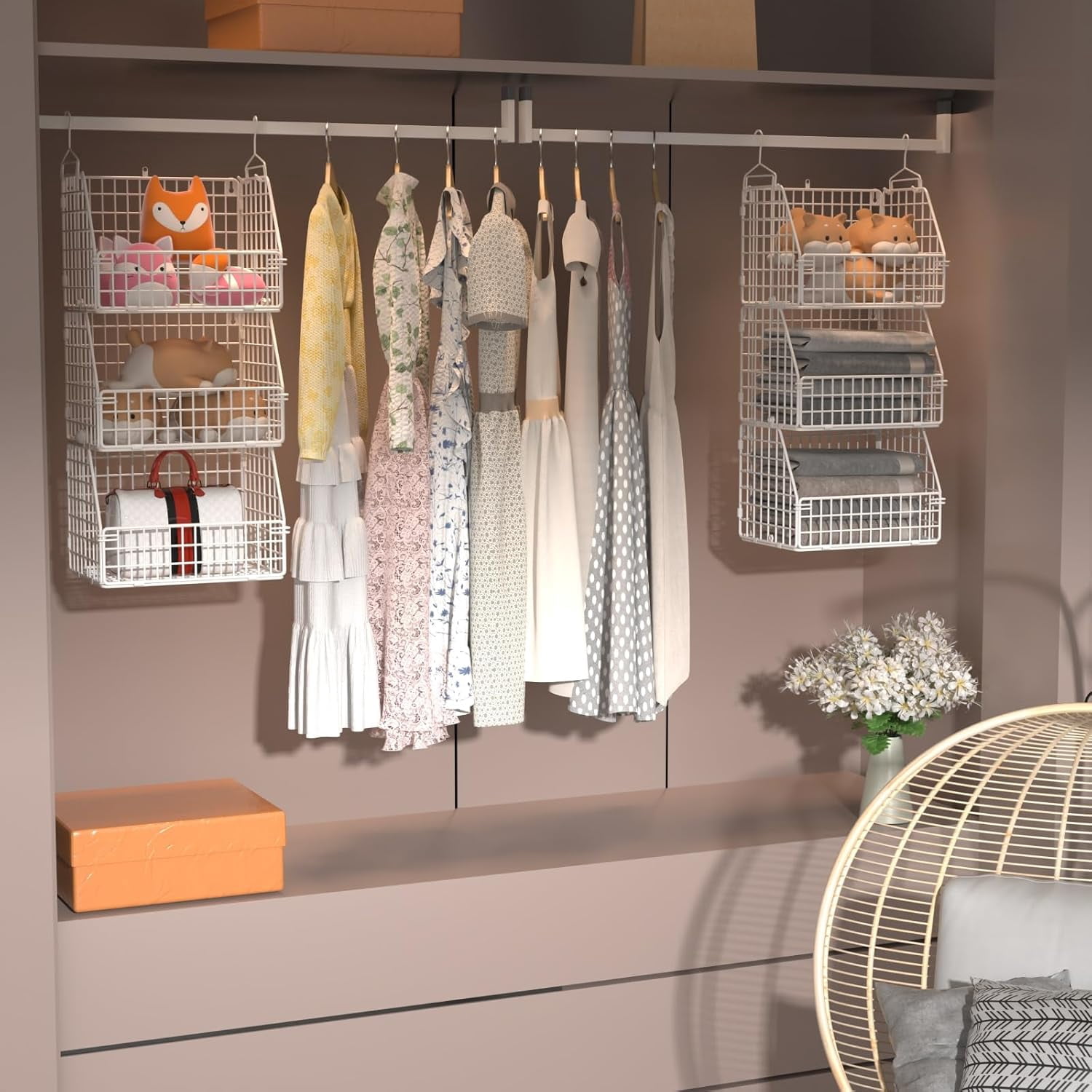 Hanging Wardrobe Organizers Wire Basket 5-Shelf Wardrobe Organizer ...